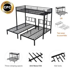 Goohome Triple Bunk Beds, Twin Over Twin Bunk Beds for 3, Metal Bed Frame for Bedroom, Apartment, Dorm, Heavy Duty Bunk Bed with Guardrail Ladder, Space-Saving, Black