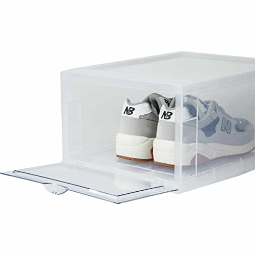 SneakNeat Sneaker Storage Container - 10 Pack, Durable Shoe Box Set with Drop Front Door - Store Up to Men's USA Size 13 - Free Standing Stackable Household Organizer - Stores, Protects, Displays Shoe Collection (Clear)