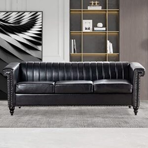 kuvenqiw black couches for living room faux leather sofa classic large 3 seater couch mid century modern couch deep stripe tufted sofa for bedroom, office, apartment.(black)