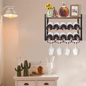 AUHOKY Industrial Wine Rack Wall Mounted Glasses Holder, 3-Tiers Metal Hanging Storage Display Shelf with Wine Bottles Glass Goblet Rack, Floating Shelves for Living Room Kitchen Home Decoration