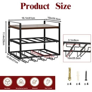 AUHOKY Industrial Wine Rack Wall Mounted Glasses Holder, 3-Tiers Metal Hanging Storage Display Shelf with Wine Bottles Glass Goblet Rack, Floating Shelves for Living Room Kitchen Home Decoration