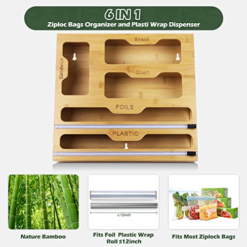 Ziplock Bag Storage Organizer 5 in 1 Foil and Plastic Wrap Organizer for Kitchen Drawer organize Quart Snack Sandwich Bags-Bamboo-12"