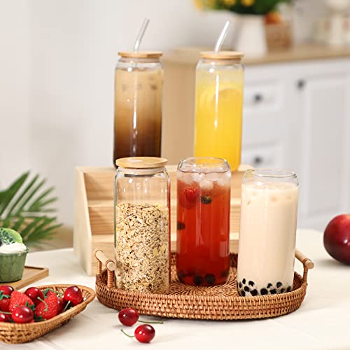 Moretoes 5 Pack 20oz Glass with Bamboo Lids and Glass Straw, Reusable Drinking Glasses Cups for Home Travel Office Coffee Tea Boba Juice Ice-cream