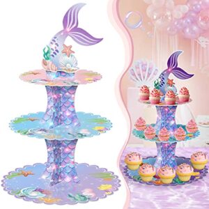 mermaid cupcake stand with led light, 3 tier mermaid party supplies mermaid tail cupcake stand holder for 24 cupcakes for girls under the sea mermaid theme party baby shower birthday party favors