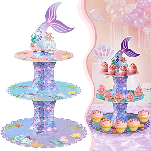 Mermaid Cupcake Stand with LED Light, 3 Tier Mermaid Party Supplies Mermaid Tail Cupcake Stand Holder for 24 Cupcakes for Girls Under The Sea Mermaid Theme Party Baby Shower Birthday Party Favors