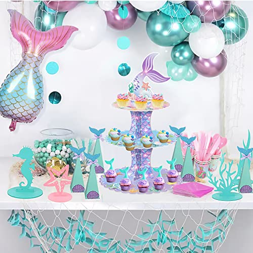 Mermaid Cupcake Stand with LED Light, 3 Tier Mermaid Party Supplies Mermaid Tail Cupcake Stand Holder for 24 Cupcakes for Girls Under The Sea Mermaid Theme Party Baby Shower Birthday Party Favors