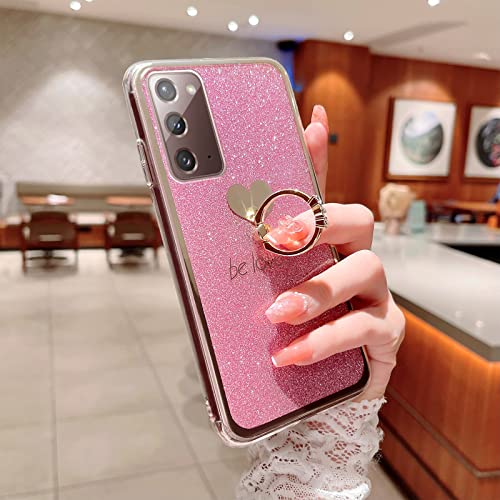 Case for Galaxy Note 20 5G Girls Women Cute Luxury Glitter Shiny Sparkly Shell with Ring Kickstand UPC Soft Slim Bumper Shockproof Protective Phone Cover for Samsung Galaxy Note 20 5G/4G 6.7" - Pink