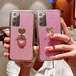 Case for Galaxy Note 20 5G Girls Women Cute Luxury Glitter Shiny Sparkly Shell with Ring Kickstand UPC Soft Slim Bumper Shockproof Protective Phone Cover for Samsung Galaxy Note 20 5G/4G 6.7" - Pink