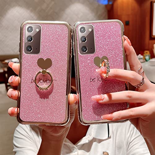 Case for Galaxy Note 20 5G Girls Women Cute Luxury Glitter Shiny Sparkly Shell with Ring Kickstand UPC Soft Slim Bumper Shockproof Protective Phone Cover for Samsung Galaxy Note 20 5G/4G 6.7" - Pink