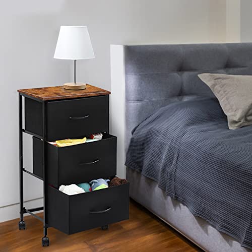 Small Dresser for Bedroom, 3 Drawer Fabric Storage Chest, Storage Tower Organizer Unit with Removable Fabric Bins and Wheels for Closet Bedside, Nursery, Living Room, Bedroom, College Dorm, Black.