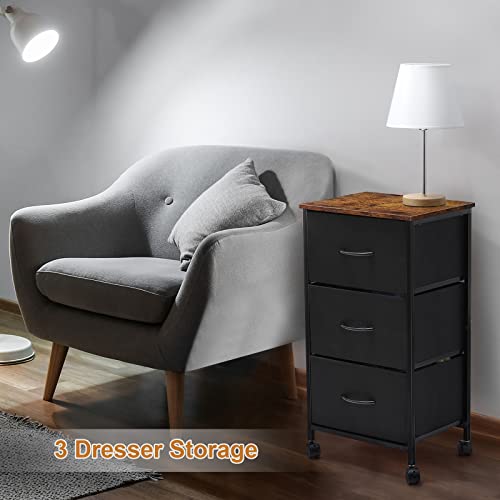 Small Dresser for Bedroom, 3 Drawer Fabric Storage Chest, Storage Tower Organizer Unit with Removable Fabric Bins and Wheels for Closet Bedside, Nursery, Living Room, Bedroom, College Dorm, Black.