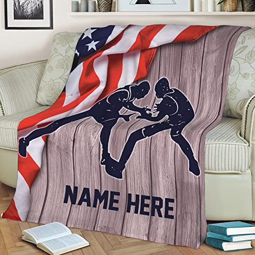 OhaPrints Custom Wrestling Lover Wrestler Gift American Flag Personalized Name Number Soft Sherpa Throw Blankets Cozy Fuzzy Fleece Throws for Tv Sofa Couch Comfy Fluffy Blanket 30X40 50X60 60X80