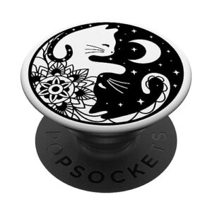 Black White Yin Yang Moon Mandala Cat Owner Pet Lover PopSockets Standard PopGrip