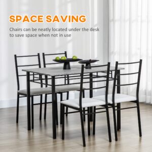 HOMCOM Kitchen Table and Chairs for 4, Modern Dining Table Set with Padded Sponge Cushion Chairs and Marble Textured Dining Table, Light Grey and Black