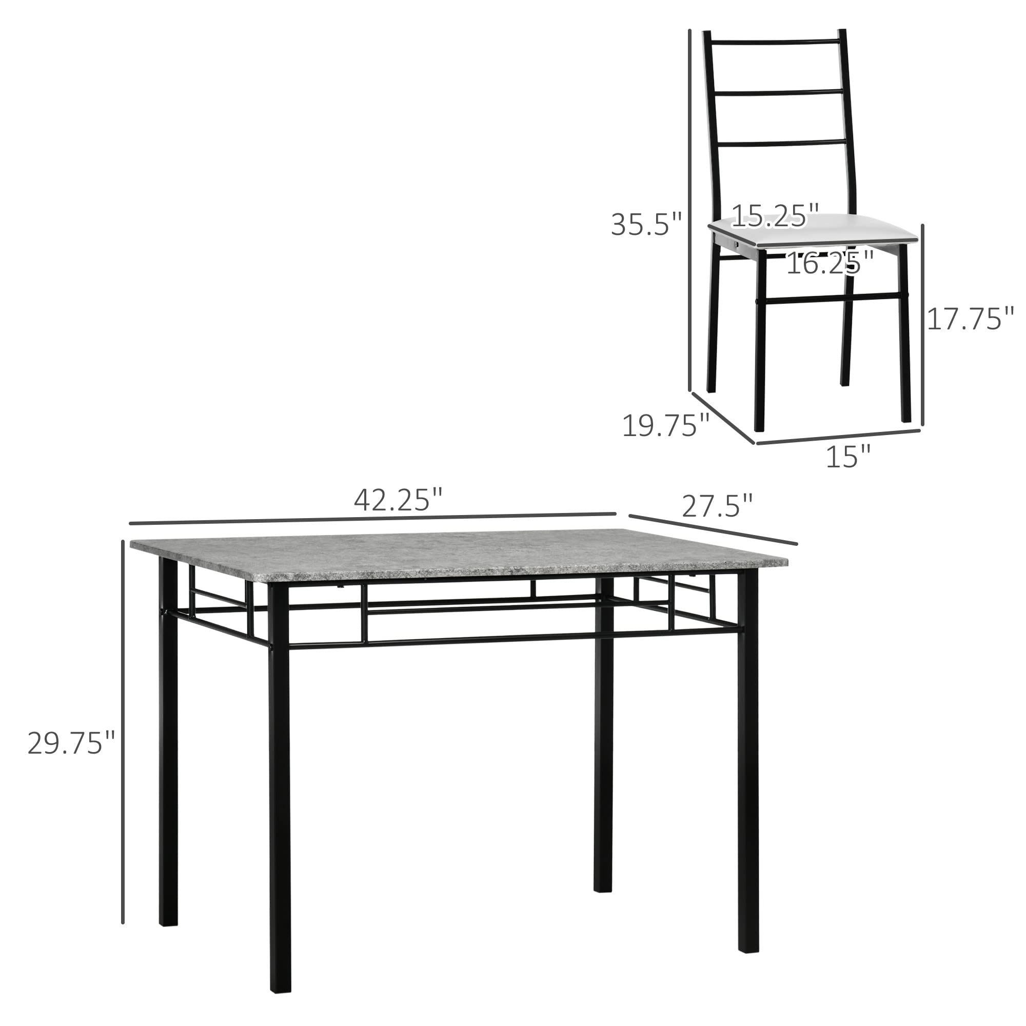 HOMCOM Kitchen Table and Chairs for 4, Modern Dining Table Set with Padded Sponge Cushion Chairs and Marble Textured Dining Table, Light Grey and Black