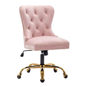 quinjay velvet home office, upholstered adjustable swivel desk chair with gold base, tufted study with comfy high back for teens study makeup pink