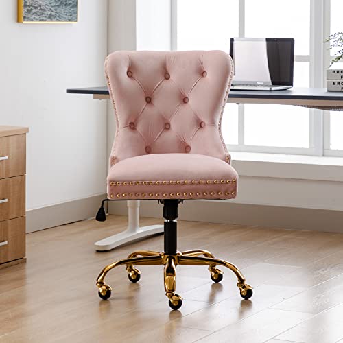 QUINJAY Velvet Home Office, Upholstered Adjustable Swivel desk chair with Gold Base, Tufted Study with Comfy High Back for Teens Study Makeup Pink