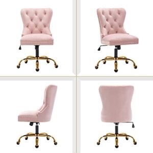 QUINJAY Velvet Home Office, Upholstered Adjustable Swivel desk chair with Gold Base, Tufted Study with Comfy High Back for Teens Study Makeup Pink