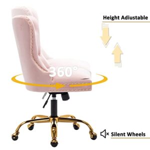 QUINJAY Velvet Home Office, Upholstered Adjustable Swivel desk chair with Gold Base, Tufted Study with Comfy High Back for Teens Study Makeup Pink