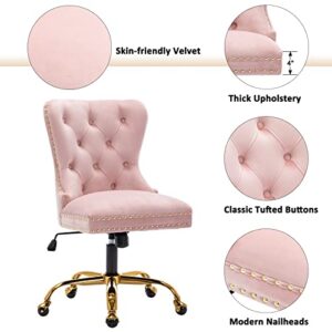 QUINJAY Velvet Home Office, Upholstered Adjustable Swivel desk chair with Gold Base, Tufted Study with Comfy High Back for Teens Study Makeup Pink