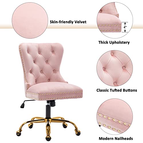 QUINJAY Velvet Home Office, Upholstered Adjustable Swivel desk chair with Gold Base, Tufted Study with Comfy High Back for Teens Study Makeup Pink