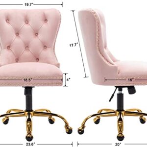 QUINJAY Velvet Home Office, Upholstered Adjustable Swivel desk chair with Gold Base, Tufted Study with Comfy High Back for Teens Study Makeup Pink