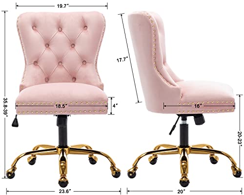 QUINJAY Velvet Home Office, Upholstered Adjustable Swivel desk chair with Gold Base, Tufted Study with Comfy High Back for Teens Study Makeup Pink