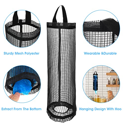 Thinp 2 Pieces Plastic Bag Holder, Hanging Grocery Bag Holder Trash Bag Holder Foldable Mesh Hanging Storage Bag Dispenser Plastic Bag Dispenser for Home Kitchen Garbage Bag Storage(Black)