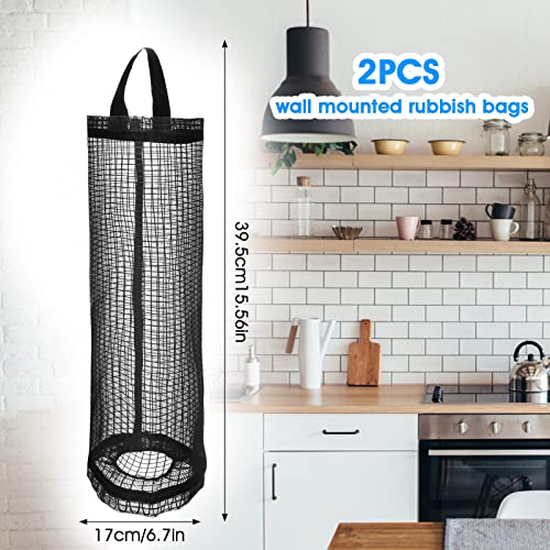 Thinp 2 Pieces Plastic Bag Holder, Hanging Grocery Bag Holder Trash Bag Holder Foldable Mesh Hanging Storage Bag Dispenser Plastic Bag Dispenser for Home Kitchen Garbage Bag Storage(Black)