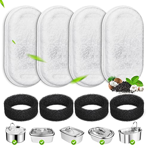 Cat Water Fountain Filters, 4 Pack Replacement Filters & Pre-Filter Sponges for 3.2L/108Oz & 67oz/2L Stainless Steel Pet Fountain, Drinkwell Carbon Filters for Automatic Cat Water Dispenser Water