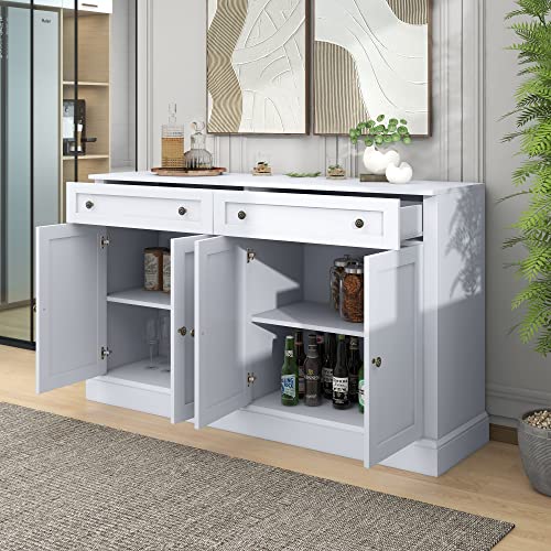 VLOJELRY Modern Sideboard Buffet Storage Cabinet with 2 Drawers & 4 Doors Adjustable Shelves Free Standing Cabinet Kitchen Console Table for Dining Living Room, Entryway, White