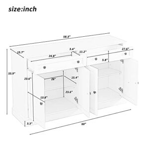 VLOJELRY Modern Sideboard Buffet Storage Cabinet with 2 Drawers & 4 Doors Adjustable Shelves Free Standing Cabinet Kitchen Console Table for Dining Living Room, Entryway, White