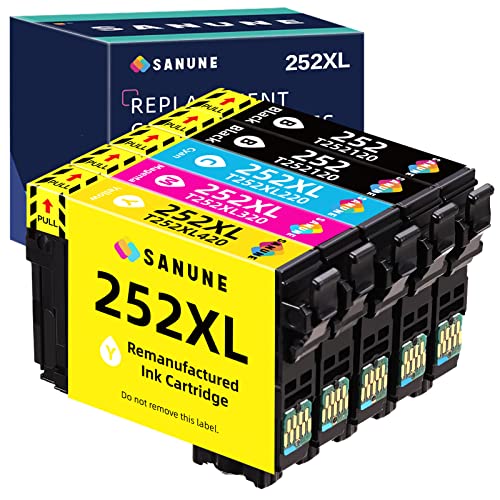 SANUNE 252 252XL Ink Cartridges Combo Pack Remanufactured for Epson 252 Ink Compatible with Epson Workforce WF-7710 WF-7610 WF-7720 WF-3640 WF-3620 Printer (2 Black, 1 Cyan, 1 Magenta, 1 Yellow)