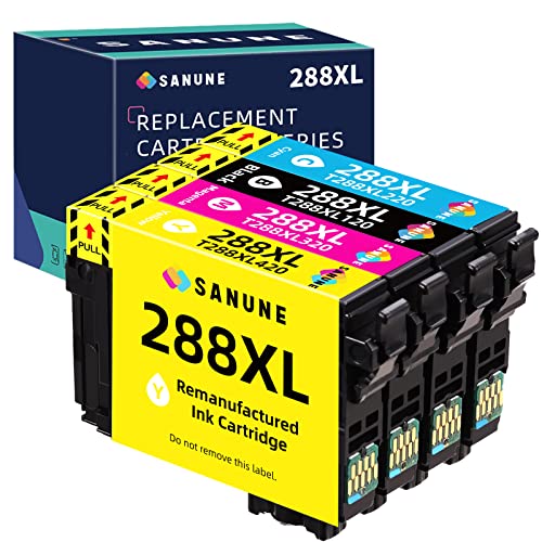 SANUNE 4-Pack 288XL Ink Cartridges Combo Pack Remanufactured for Epson 288 288XL Ink Compatible with Epson XP-440 XP-430 XP-434 XP-446 XP-330 XP-340 Printer (1 Black, 1 Cyan, 1 Magenta, 1 Yellow)