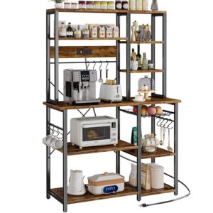 superjare large bakers rack with power outlets, 6-tier microwave stand, coffee bar with 12 s-shaped hooks, kitchen shelf with wire basket, 39.3 x 15.5 x 66.9 inches, rustic brown