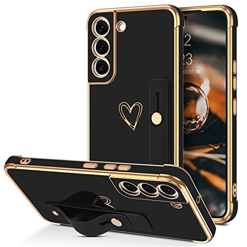 Telaso Phone Case Samsung Galaxy S22, Love Heart Cute Case with Wristband Kickstand Holder Soft TPU Plating Bumper Protective Slim Shockproof Cover for Girls Women, Black