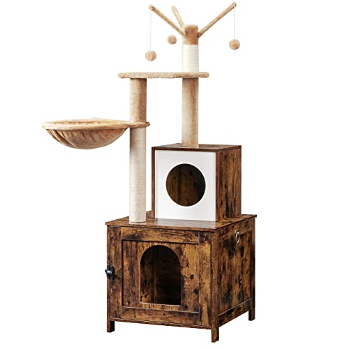 HOOBRO Cat Tree with Litter Box Enclosure, Wooden Cat Tower with Cat Hammock Condo, All-in-One Cat Furniture for Indoor Cats, Cat Litter Box Furniture Hidden, Versatile Cat Tree, Rustic Brown FG13MZ03