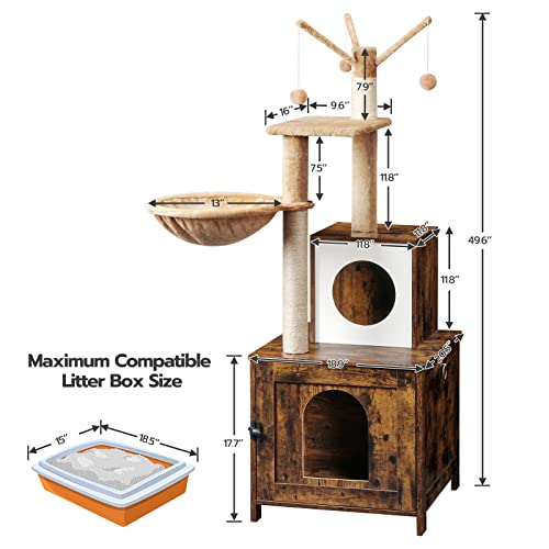 HOOBRO Cat Tree with Litter Box Enclosure, Wooden Cat Tower with Cat Hammock Condo, All-in-One Cat Furniture for Indoor Cats, Cat Litter Box Furniture Hidden, Versatile Cat Tree, Rustic Brown FG13MZ03