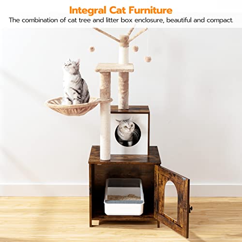 HOOBRO Cat Tree with Litter Box Enclosure, Wooden Cat Tower with Cat Hammock Condo, All-in-One Cat Furniture for Indoor Cats, Cat Litter Box Furniture Hidden, Versatile Cat Tree, Rustic Brown FG13MZ03