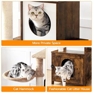 HOOBRO Cat Tree with Litter Box Enclosure, Wooden Cat Tower with Cat Hammock Condo, All-in-One Cat Furniture for Indoor Cats, Cat Litter Box Furniture Hidden, Versatile Cat Tree, Rustic Brown FG13MZ03