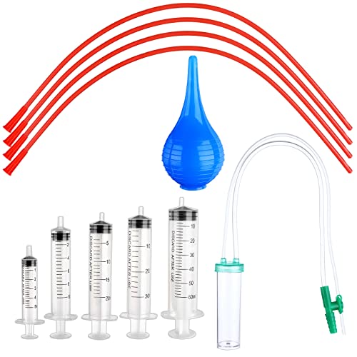 11 Pcs Puppy Kitten Feeding Tube Kit Includes 5 Pcs Kitten Feeding Syringe 5 ML 10 ML 20 ML 30 ML 60 ML 4 Pcs 8 FR Red Feeding Tubes 1Pcs Rubber Suction Device and Air Blowing for Small Animals