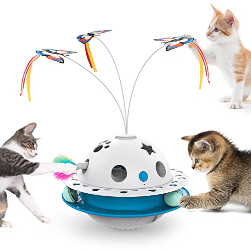 Tyasoleil 3 in 1 Smart Cat Toys, Interactive Cat Roly Poly Toy, Electric Indoor Kitten Toys, Fluttering Butterfly,Random Whack-A-Mole Mice, Dual Power Supplies, Auto On/Off（Blue）