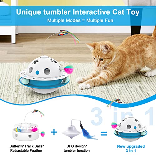 Tyasoleil 3 in 1 Smart Cat Toys, Interactive Cat Roly Poly Toy, Electric Indoor Kitten Toys, Fluttering Butterfly,Random Whack-A-Mole Mice, Dual Power Supplies, Auto On/Off（Blue）