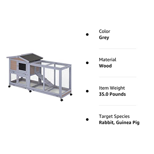 Wood Rabbit Hutch Rabbit Cage Bunny Hutch Rolling Large Bunny Cage Indoor Outdoor Two Story Guinea Pig Hutch Rabbit House with Wheels&Waterproof Roof,Grey