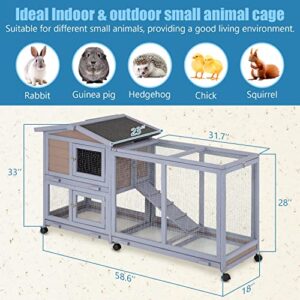 Wood Rabbit Hutch Rabbit Cage Bunny Hutch Rolling Large Bunny Cage Indoor Outdoor Two Story Guinea Pig Hutch Rabbit House with Wheels&Waterproof Roof,Grey