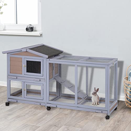 Wood Rabbit Hutch Rabbit Cage Bunny Hutch Rolling Large Bunny Cage Indoor Outdoor Two Story Guinea Pig Hutch Rabbit House with Wheels&Waterproof Roof,Grey