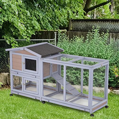 Wood Rabbit Hutch Rabbit Cage Bunny Hutch Rolling Large Bunny Cage Indoor Outdoor Two Story Guinea Pig Hutch Rabbit House with Wheels&Waterproof Roof,Grey