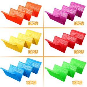 60 Pack Colorful Taco Holder Stands Plastic Large Taco Tray Plates Hold 2 or 3 Tacos Each Rack Server Hard Tortilla Holder for Party Platter Rack Dishwasher Microwave Safe