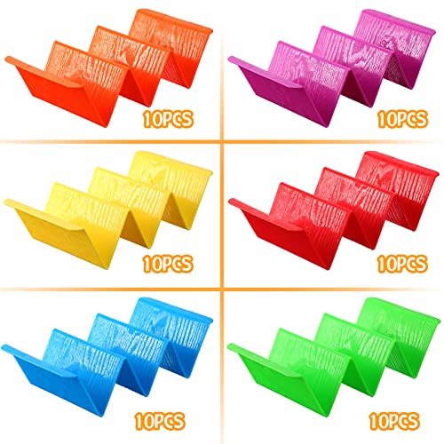 60 Pack Colorful Taco Holder Stands Plastic Large Taco Tray Plates Hold 2 or 3 Tacos Each Rack Server Hard Tortilla Holder for Party Platter Rack Dishwasher Microwave Safe