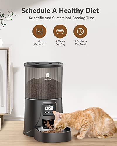 PETULTRA Automatic Cat Feeders, Timed Dog Feeder 4L Programmable Control 1-4 Meals Pet Dry Food Dispenser with Desiccant Bag for Cats and Small Medium Dogs, Dual Power Supply, 10s Voice Recorder